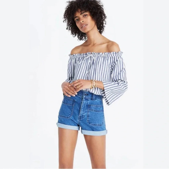 Madewell | Tops | Madewell Blue White Cotton Button Off Shoulder Medium ...